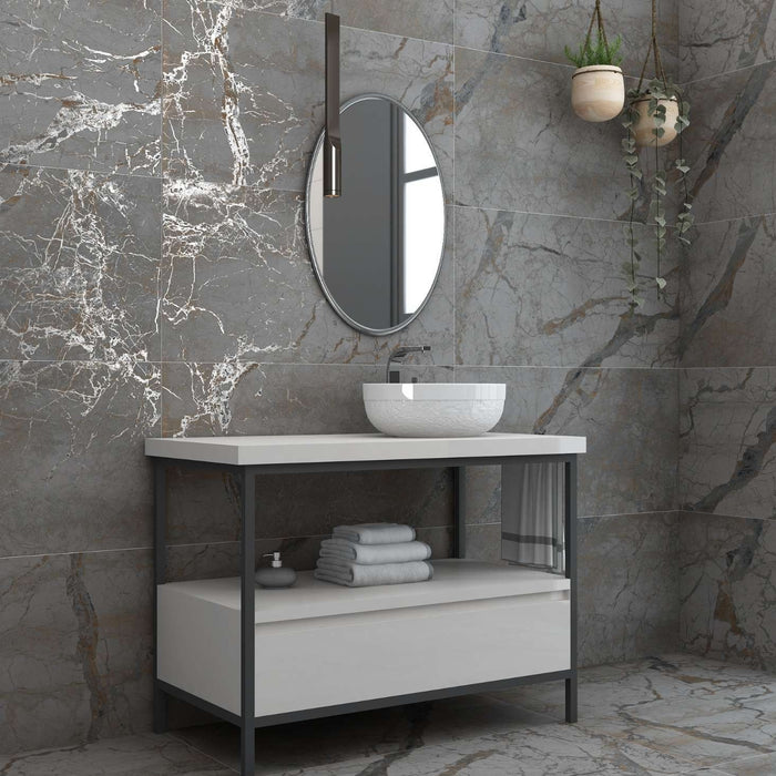 Robusta Steel: Grey Tiles with a copper vein matt finish floor and wal